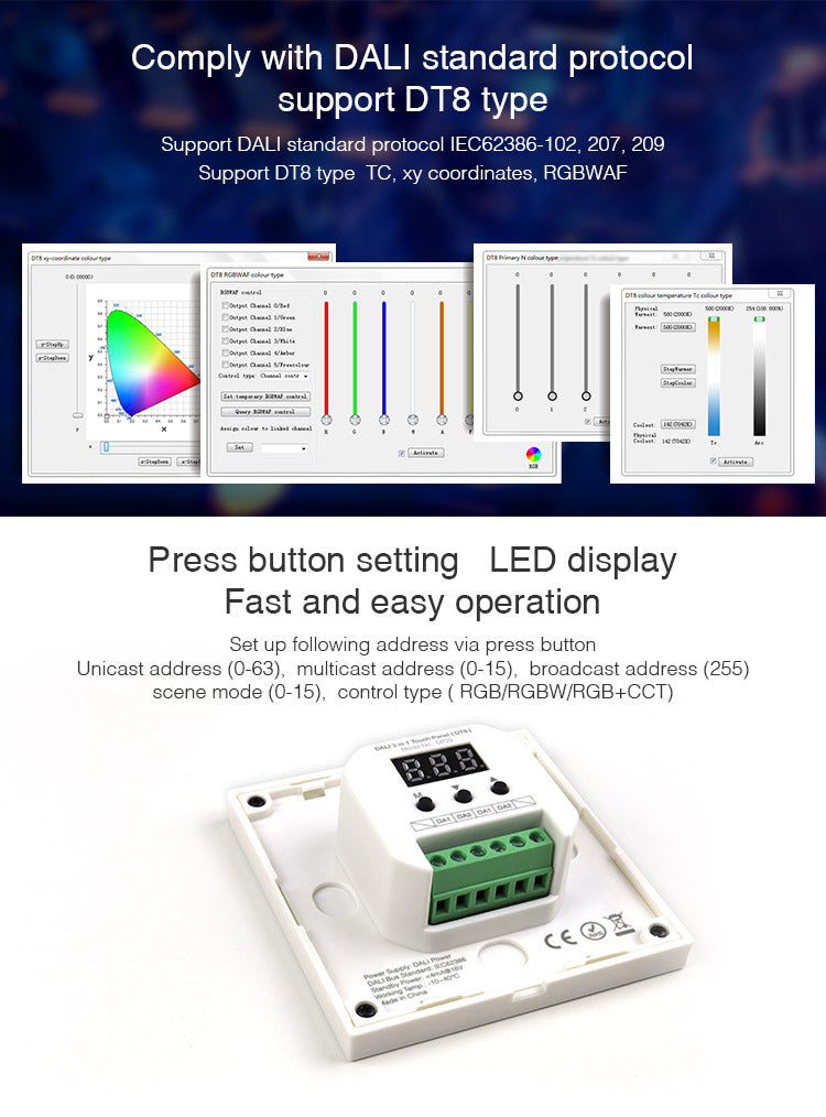 Miboxer DALI RGB/RGBW/RGBCCT 3-in-1-Touchpanel mit LED-Displa, DT8 (DP